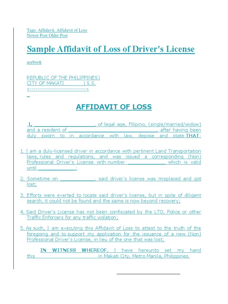 Sample Affidavit of Loss: Driver's License | PDF | Finance & Money ...