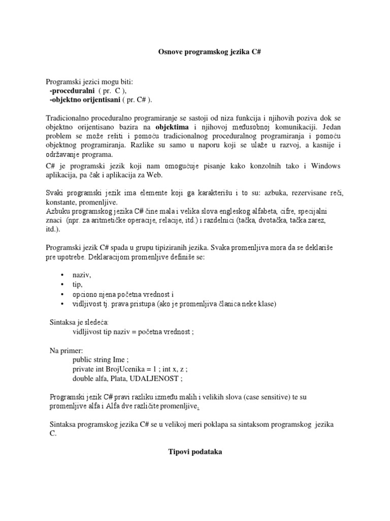 1.osnovni Tipovi Podataka I Operatori C | PDF