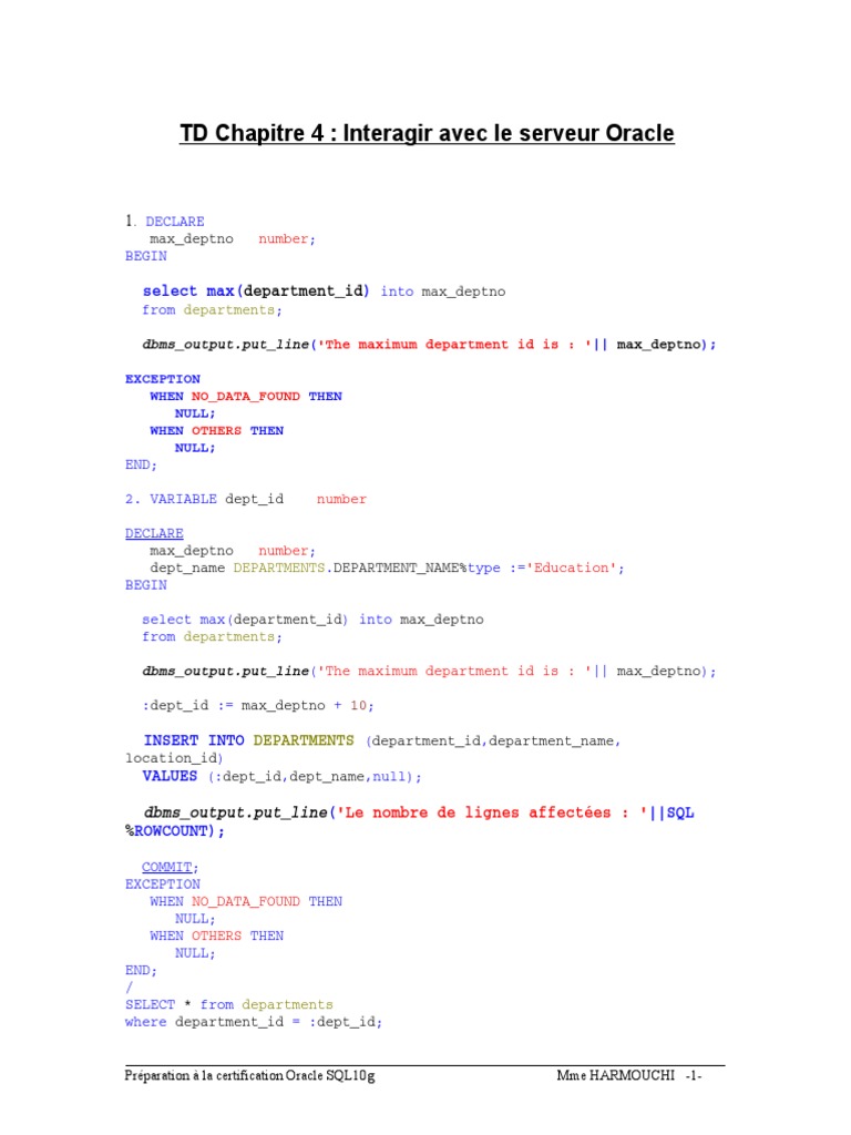 Td Chapitre 4 Interagir Avec Le Serveur Oracle Select Max Pdf