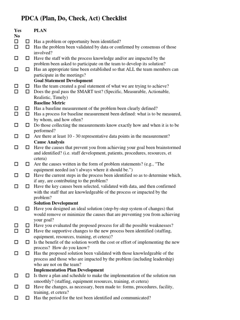 PDCA (Plan, Do, Check, Act) Checklist | PDF | Goal | Accountability