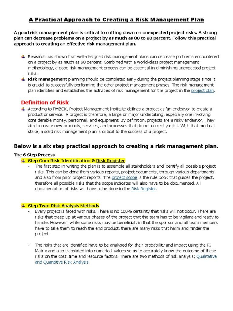 Practical Steps for Risk Management Plan | PDF | Risk Management | Risk