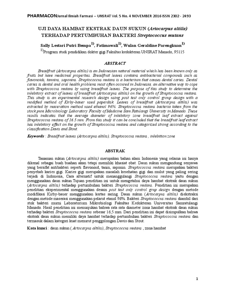 Pharmacon: Uji Daya Hambat Ekstrak Daun Sukun (Artocarpus Altilis) TERHADAP PERTUMBUHAN BAKTERI ...