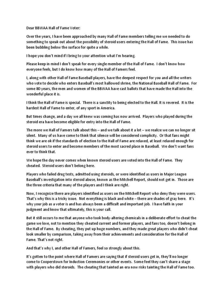 Baseball Letter | PDF | National Baseball Hall Of Fame And Museum | Sports