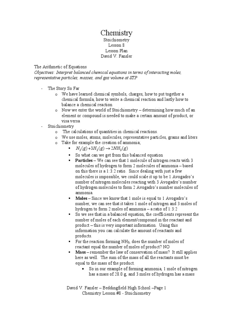 Chemistry Lesson Plans 08 - Stoichiometry | PDF | Stoichiometry | Mole ...
