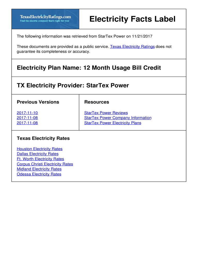 Electricity Facts Label: StarTex Power - 12 Month Usage Bill Credit ...