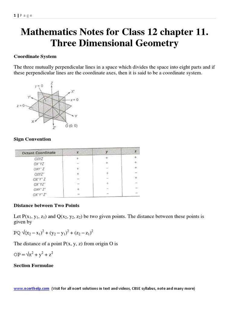 Mathematics Notes and Formula For Class 12 Chapter 11. Three ...
