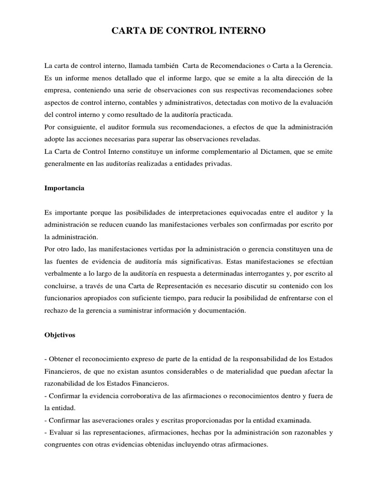Carta de Control Interno | Contralor | Contabilidad
