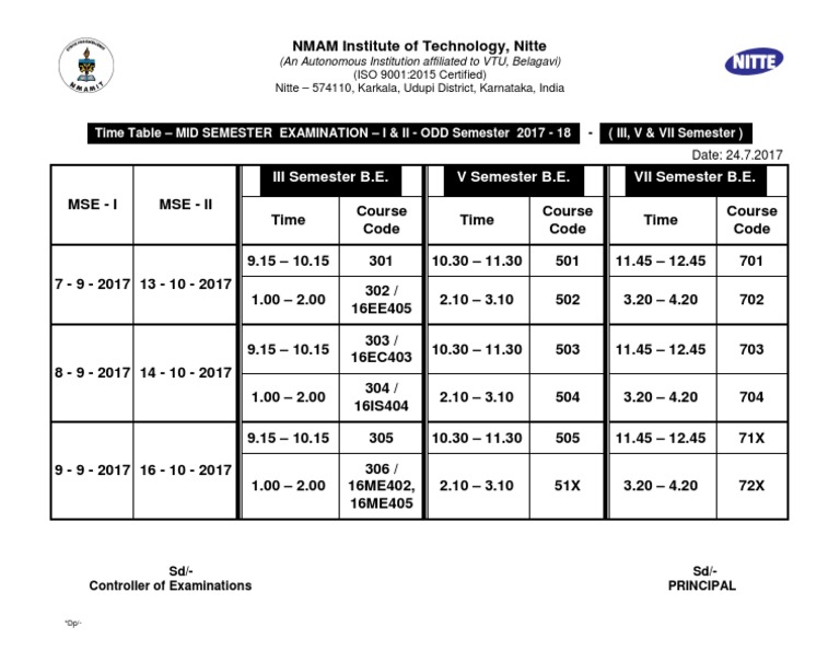 4) Mse - I - II - Time Table - III-V - Vii - Odd Semester - 2017-18 | PDF