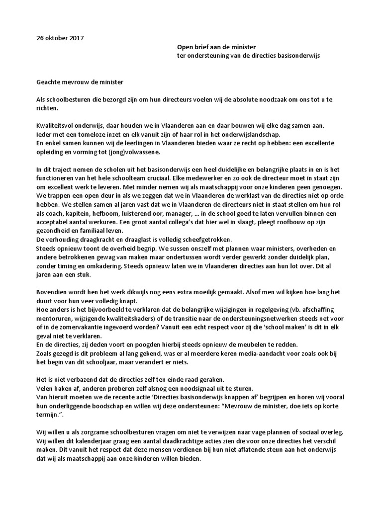 Open Brief Aan de Minister Ter Ondersteuning Van de Directies Basisonderwijs | PDF