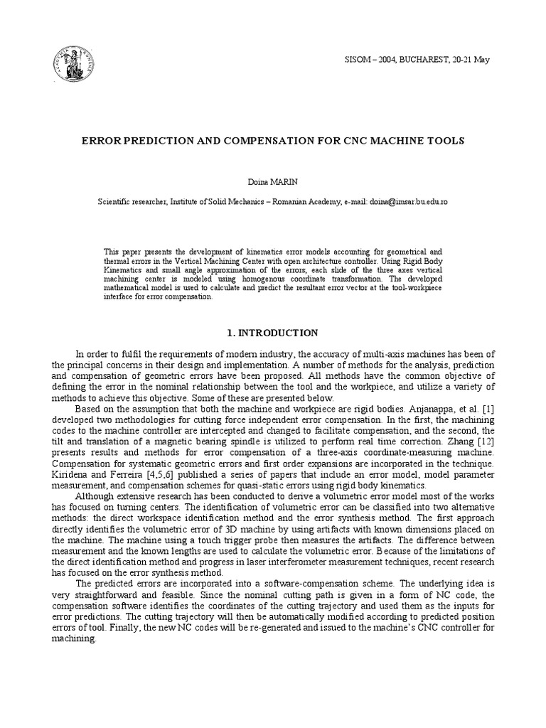 Error Prediction And Compensation For Cnc Machine Tools Pdf Numerical Control Kinematics