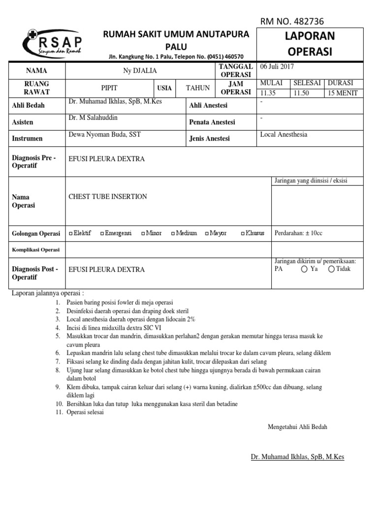 Blangko Laporan Operasi Baru Chest Tube Insertion Efusi Pleura | PDF