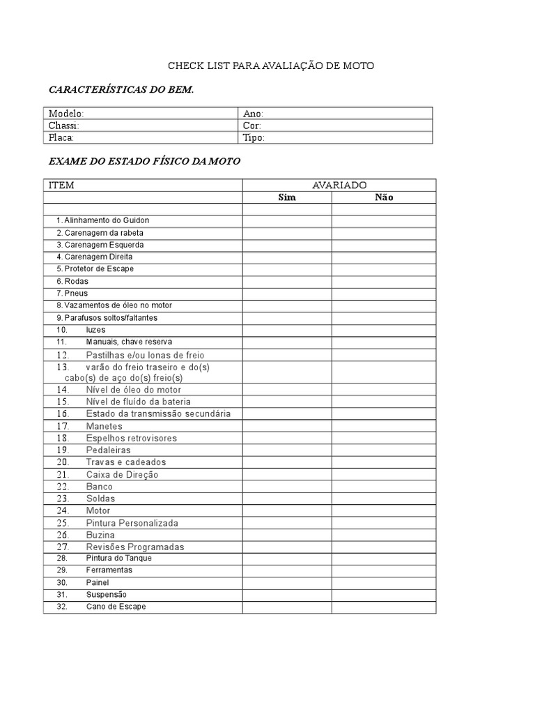 Check List para Avaliacao de Moto | PDF