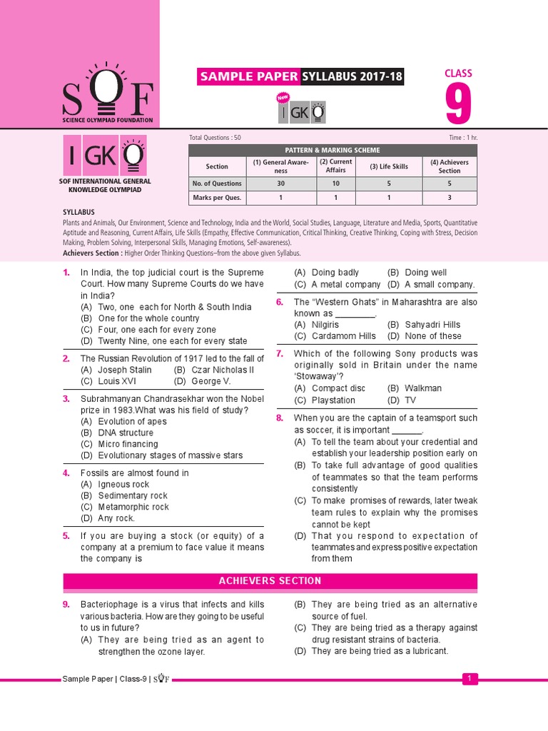 SOF IGKO Model Question Paper Class 9 | PDF | Rock (Geology) | Psychological Concepts