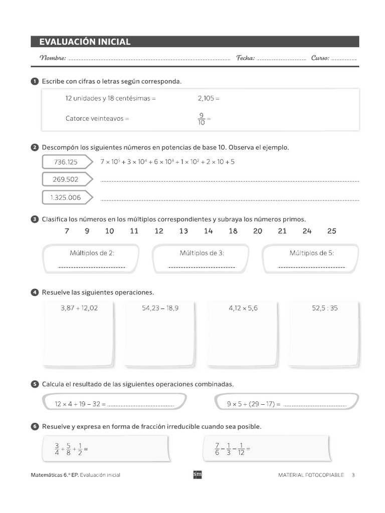 6 Primaria Evaluacion 1 Matematicas | PDF