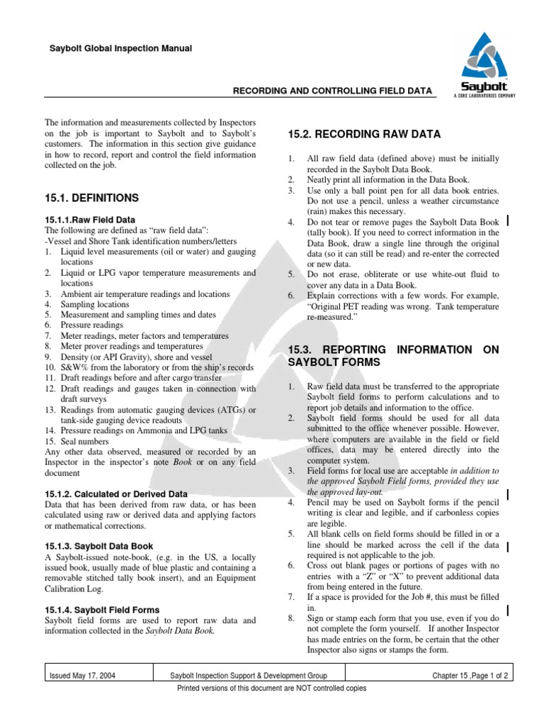 15.2. Recording Raw Data: Saybolt Global Inspection Manual | PDF | Data ...