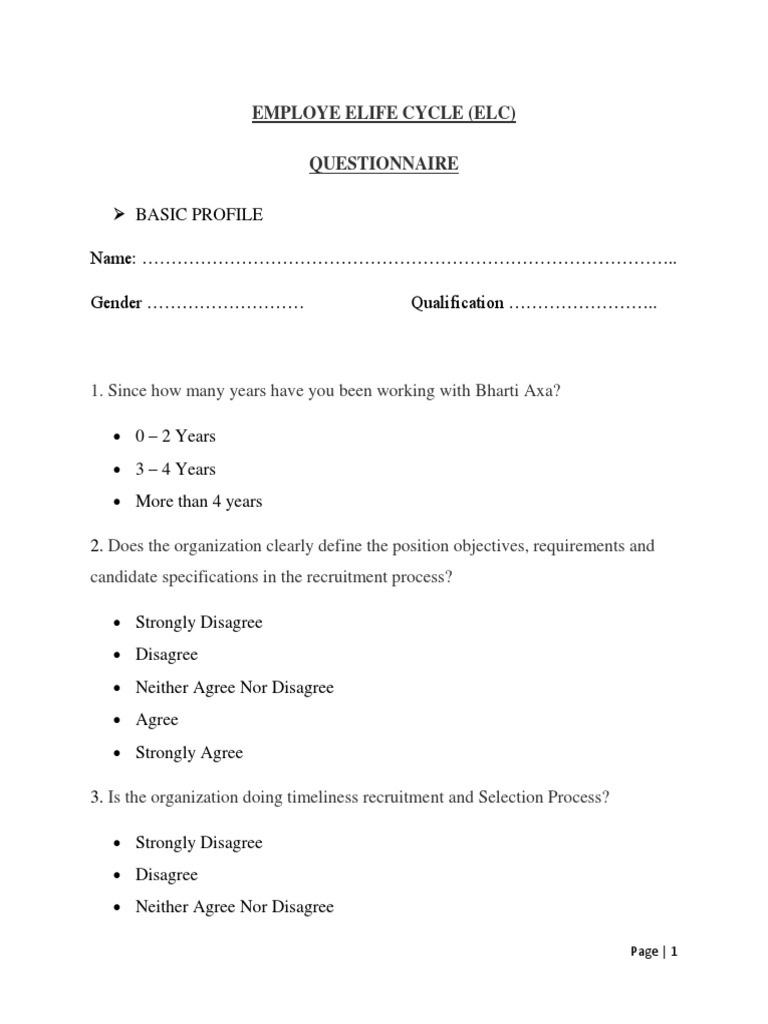 Questionnaire On Employee Life Cycle - MBA HR Project | PDF ...