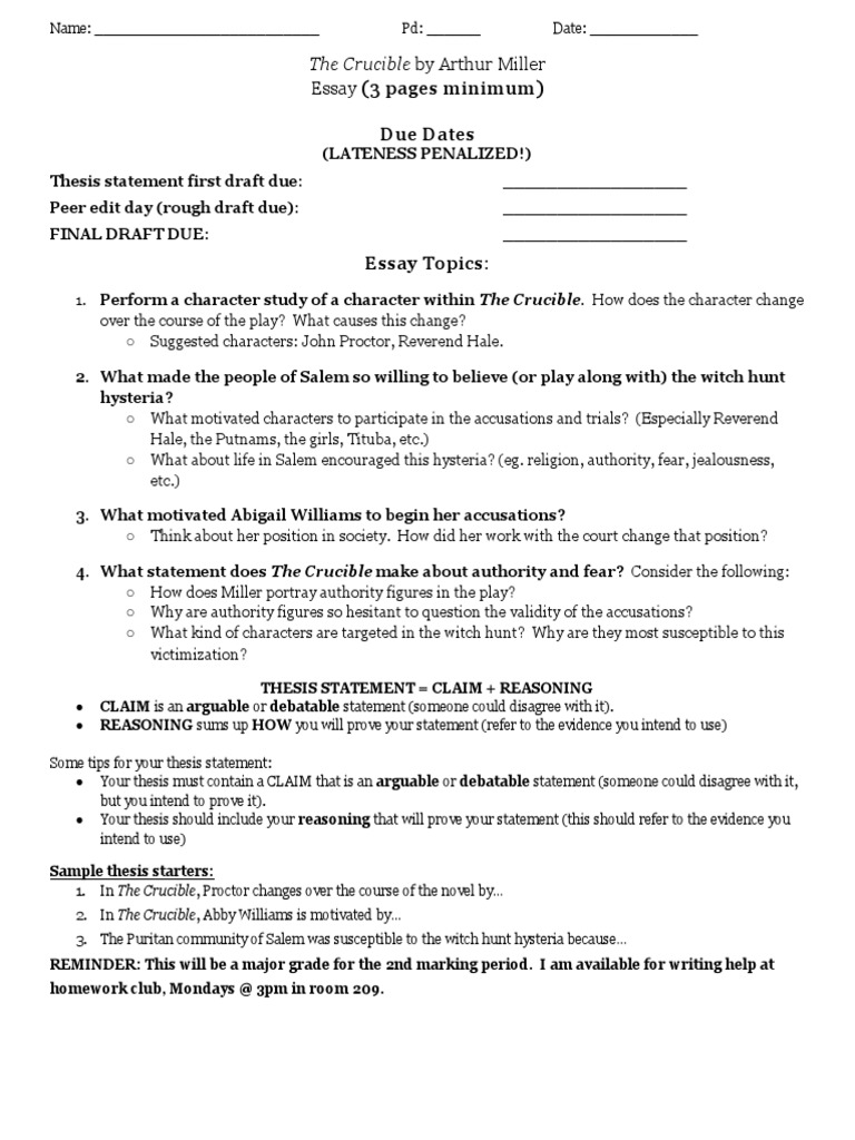 Crucible Essay Topics | PDF
