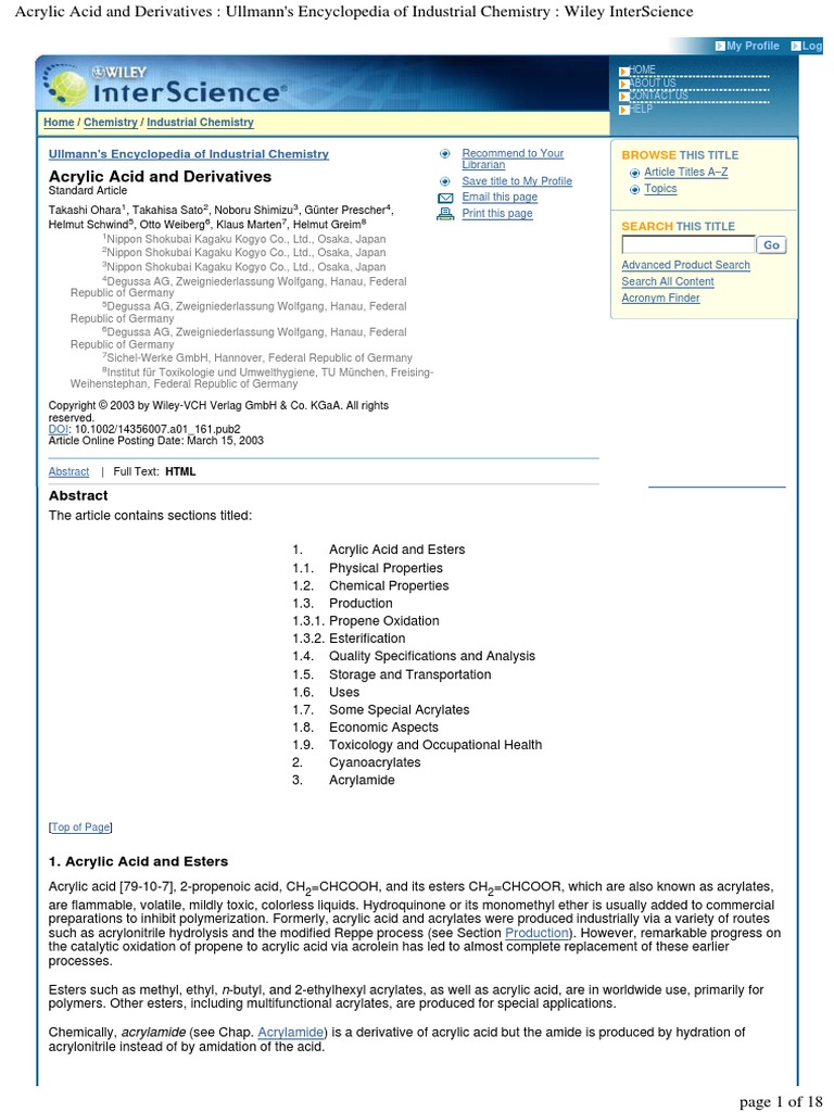 Acrylic Acid and Derivatives: Ullmann's Encyclopedia of Industrial ...