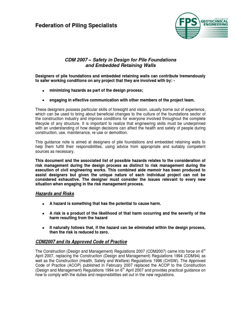 Safety in Design For Pile Foundations and Embedded Retaining Walls (FPS ...