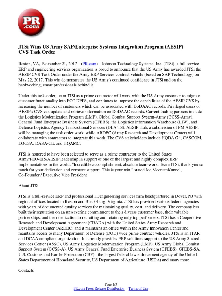 JTSi Wins US Army SAP/Enterprise Systems Integration Program (AESIP ...