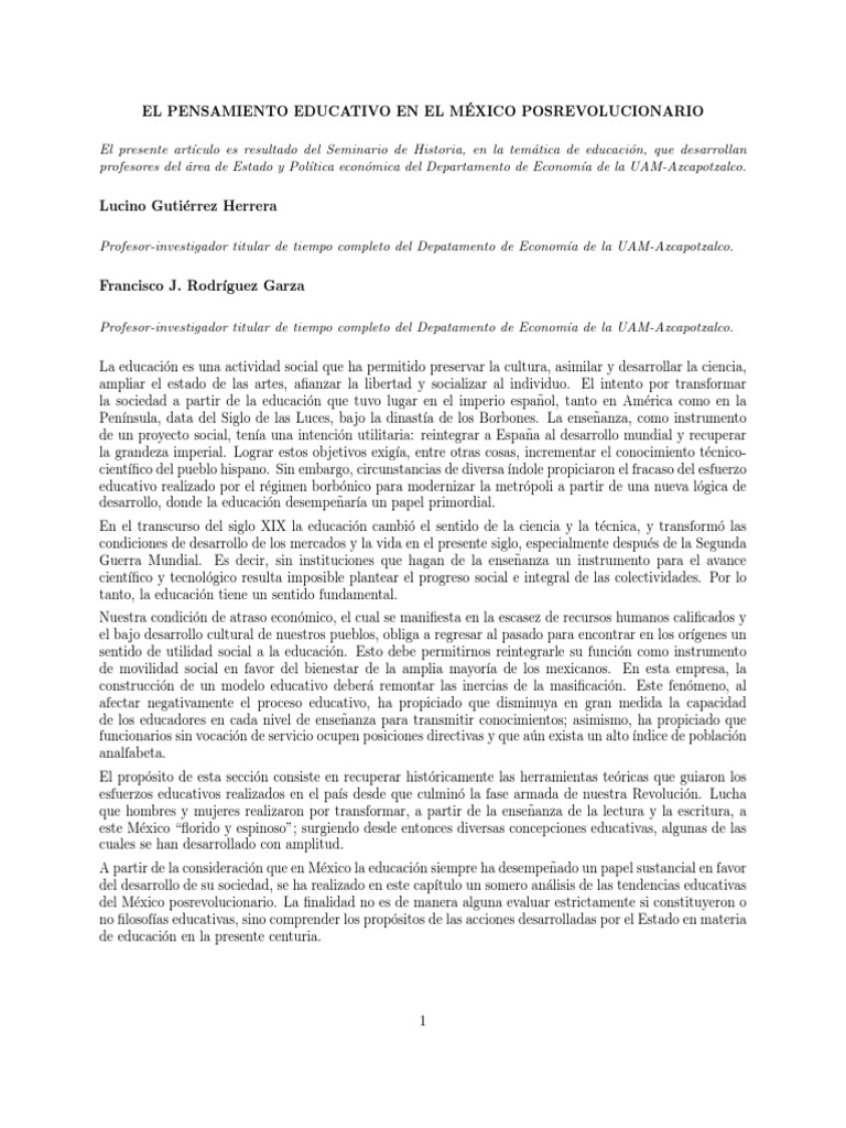 El Pensamiento Educativo en El Mexico Posrevolucionario PDF | PDF | México | Sociedad