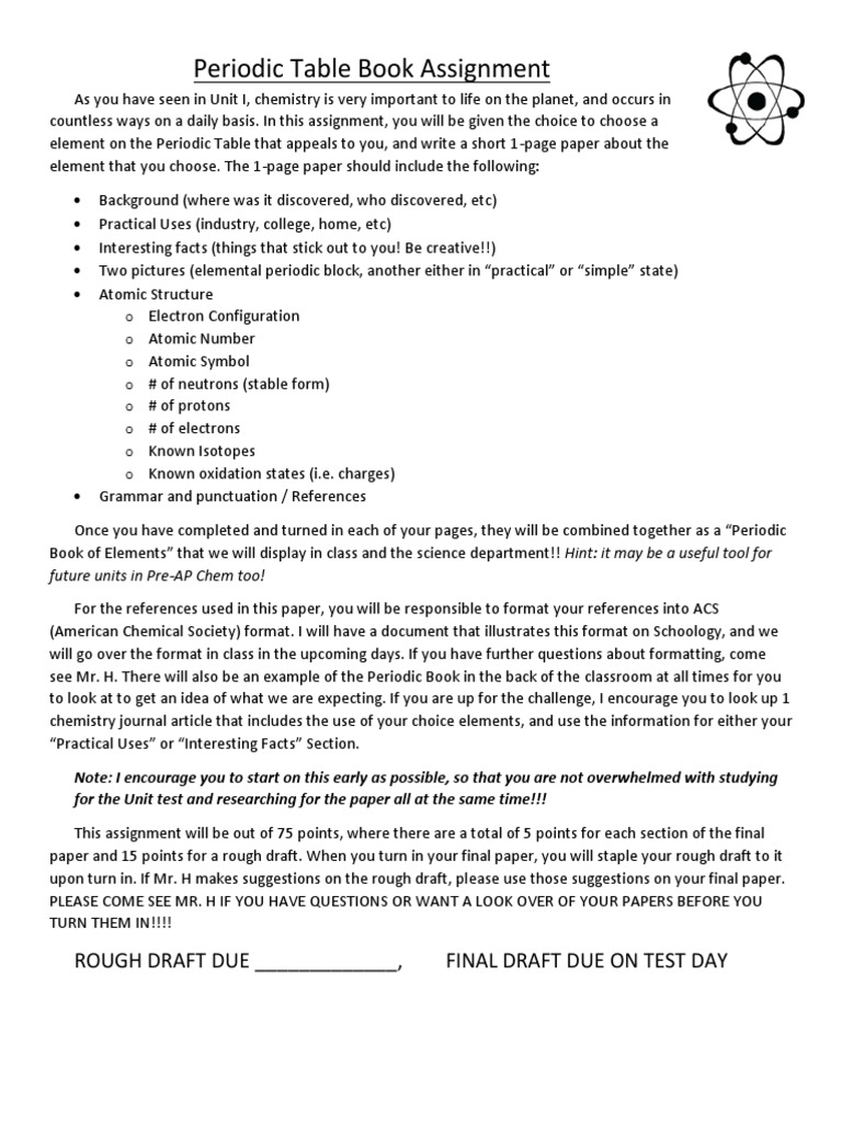 Periodic Table Element Assignment | PDF | Chemical Elements | Periodic ...