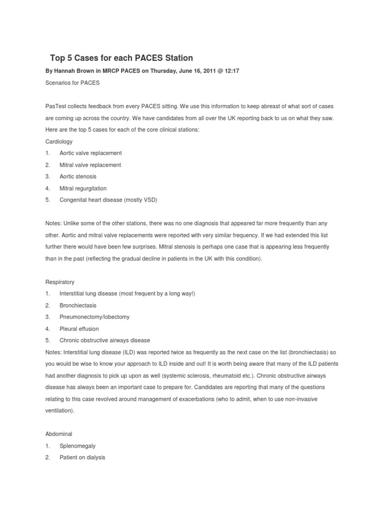 Top 5 Cases For Each PACES Station: Hannah Brown MRCP Paces | PDF ...