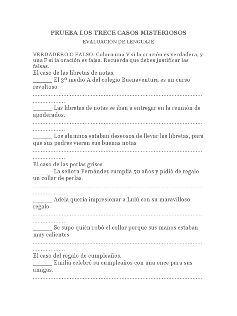 Prueba Los Trece Casos Misteriosos | PDF