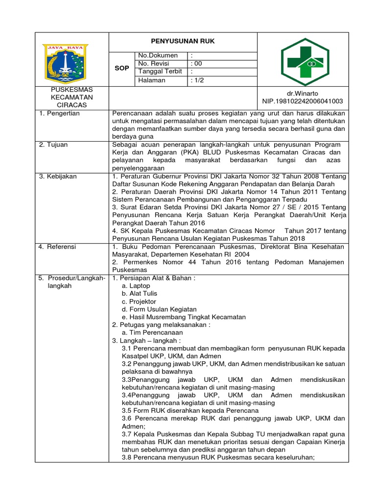 SOP RUK Puskesmas Kecamatan Ciracas | PDF