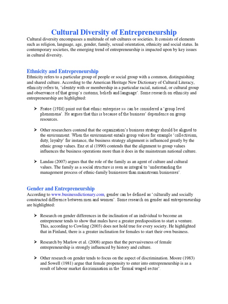 Cultural Diversity of Entrepreneurship | PDF | Entrepreneurship ...