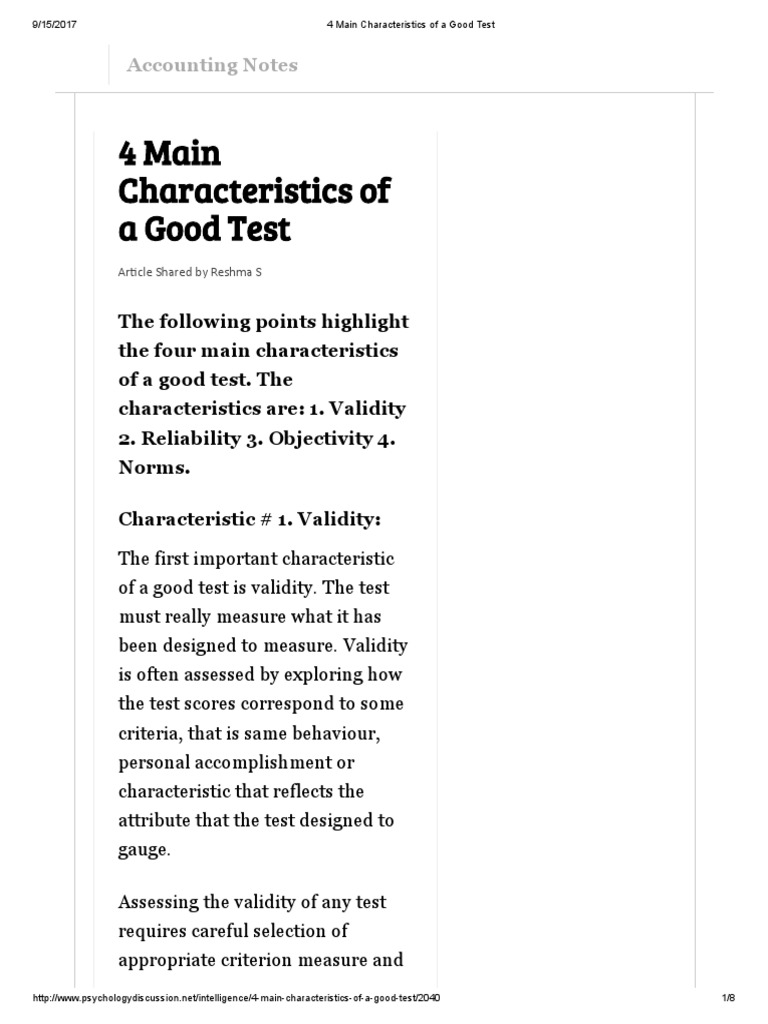 4 Main Characteristics of A Good Test | PDF | Validity (Statistics ...