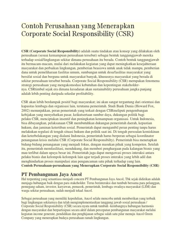 Contoh Perusahaan Yang Menerapkan Corporate Social Responsibility | PDF ...