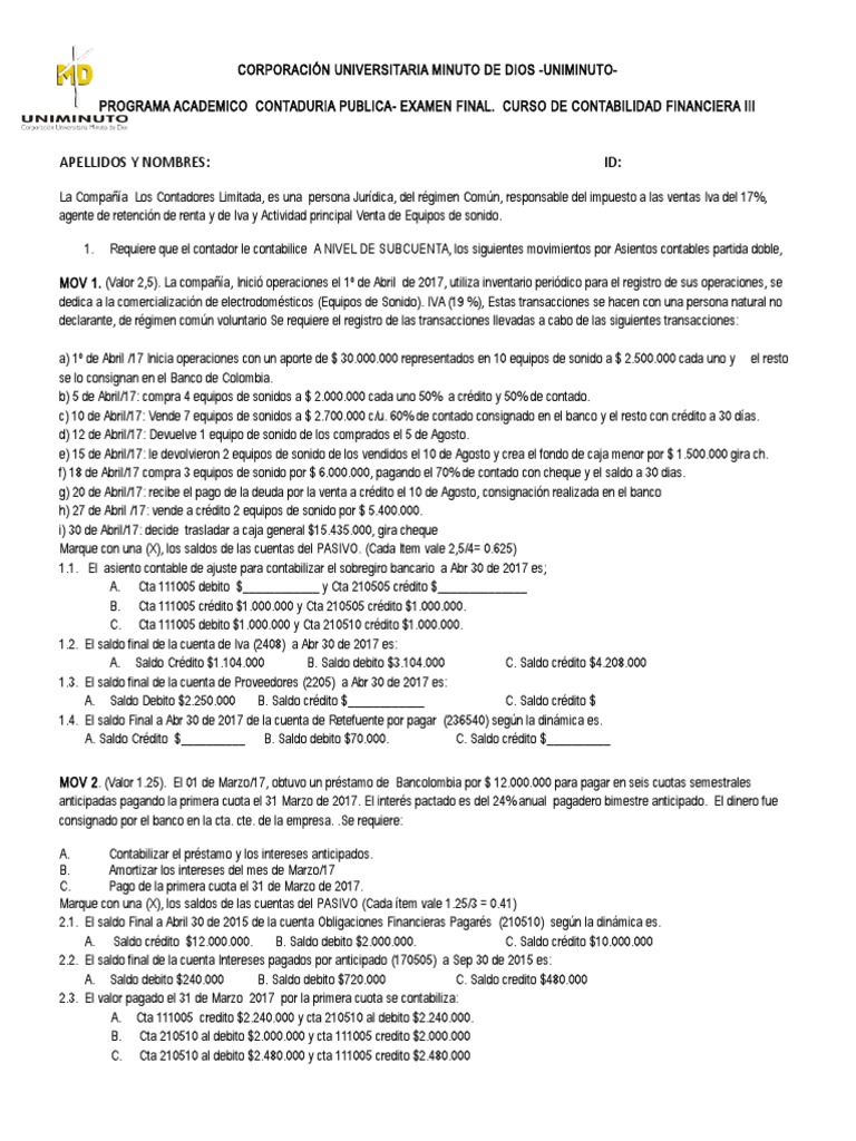 Examen Final para Repaso Contab Fin 3 201715-01 | PDF | Contador | Contabilidad
