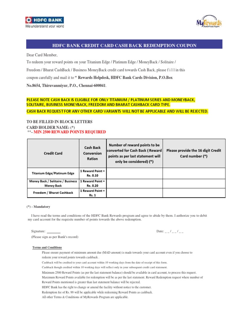 Hdfc Cashback Redemption Form | Credit Card | Loyalty Program