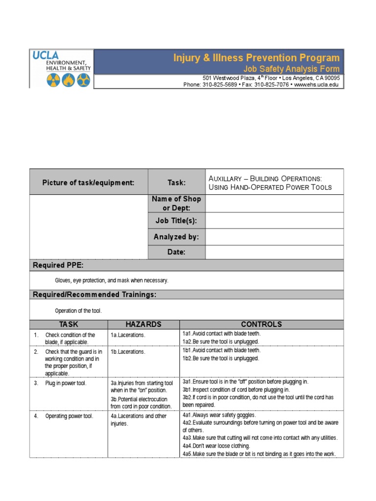 Injury & Illness Prevention Program: Job Safety Analysis Form | PDF ...