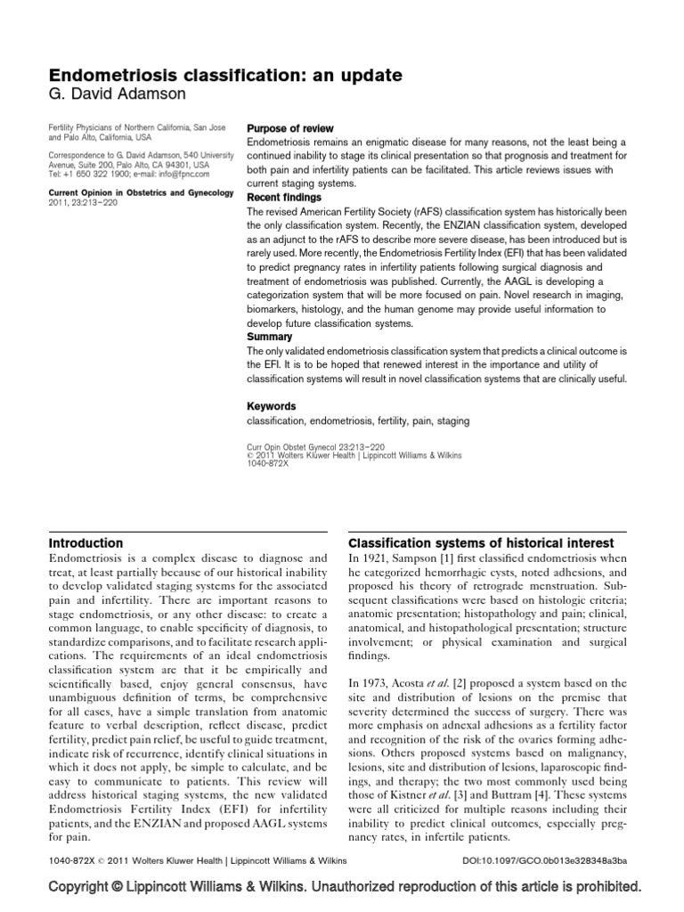 Endometriosis Classification An Update | PDF | Infertility | Ovarian Cancer