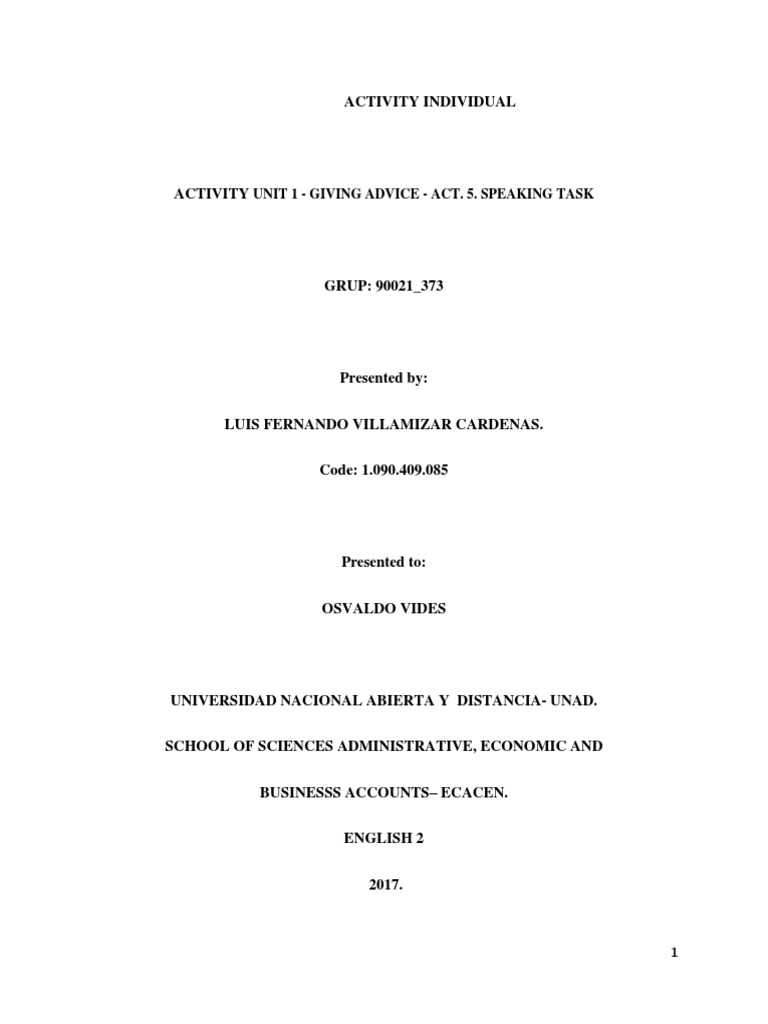 ,activity Individual Unit 1 - Giving Advice - Act. 5. Speaking Task ...
