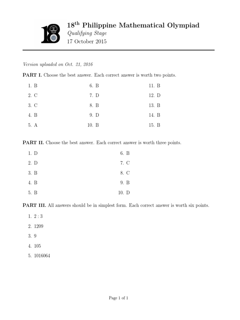 18 Philippine Mathematical Olympiad: Qualifying Stage 17 October 2015 | PDF