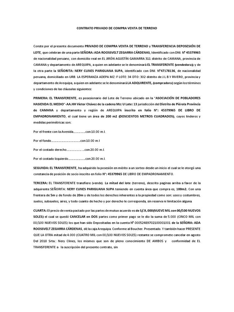 Contrato Privado De Compra Venta De Terreno Pdf Gobierno