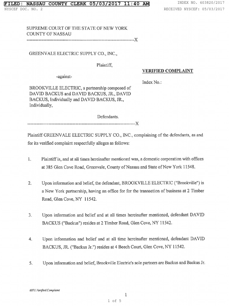 Complaint - Greenvale Electric V Brookville Electric David Backus David Backus JR | PDF