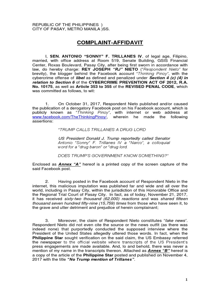 Trillanes vs. Nieto: Libel Complaint | PDF | Defamation | Crime & Violence