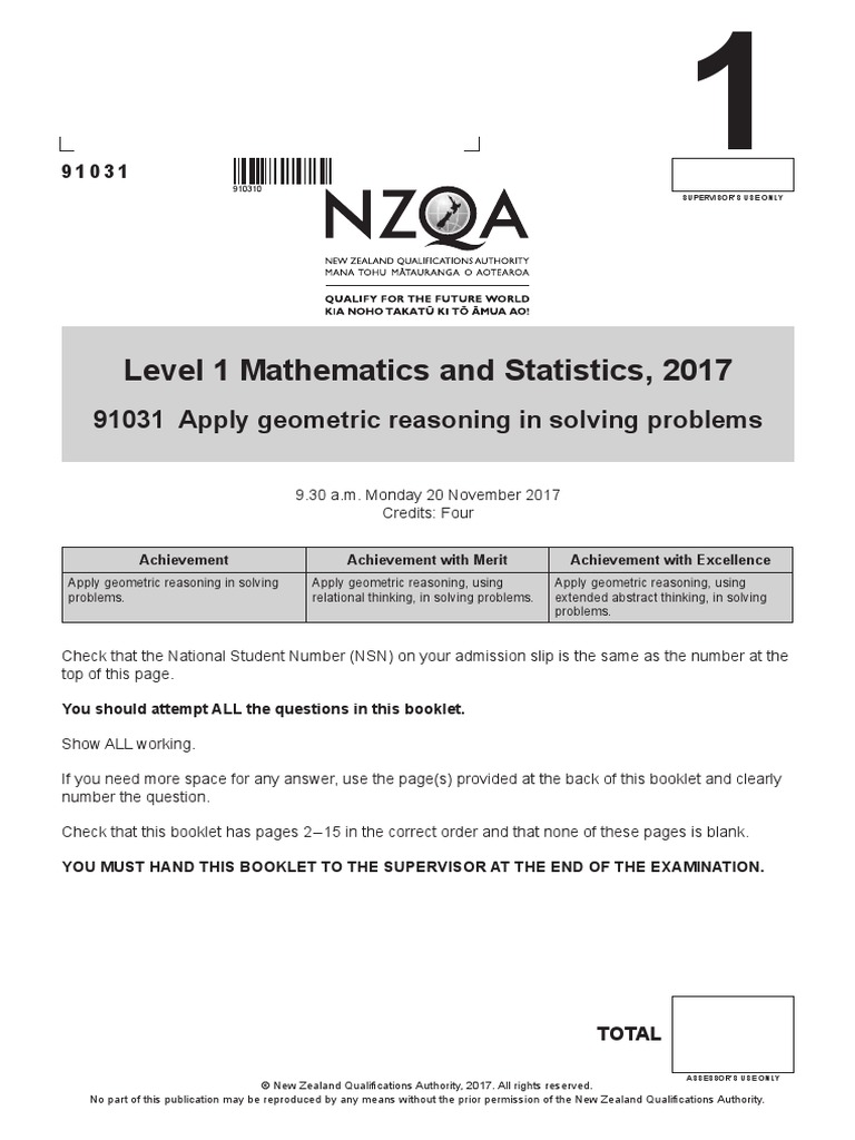 NZ Qualifications Authority LVL 1 Math/Stats Exam 2017 | PDF | Triangle ...