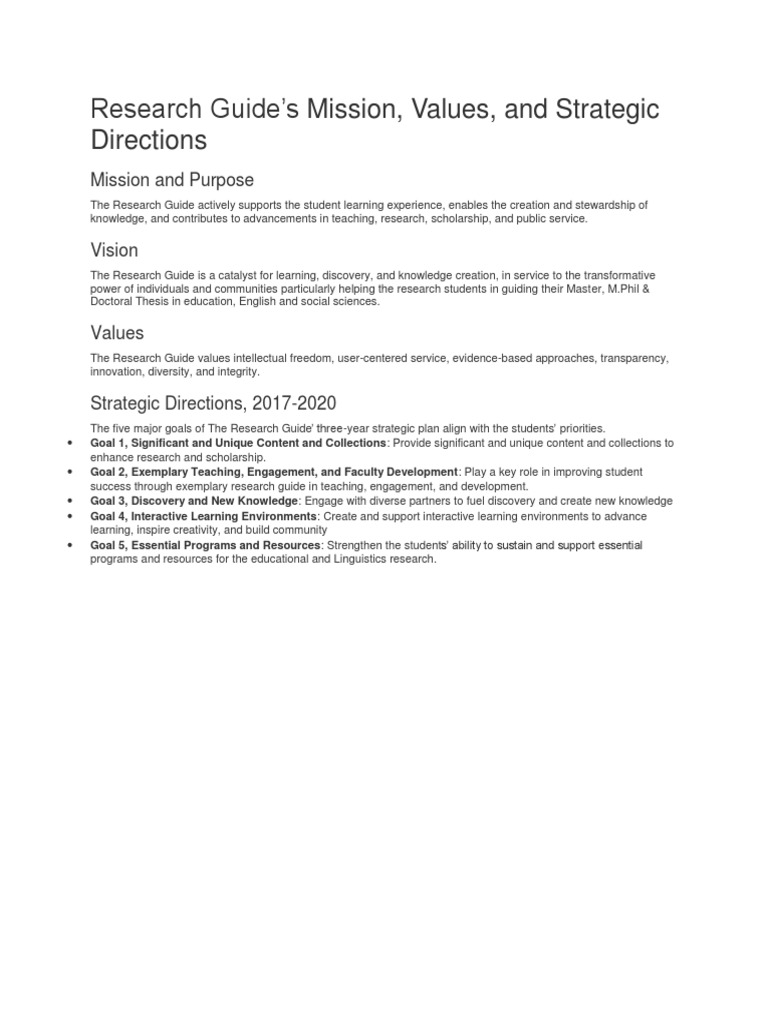 Research Guide's Mission, Values, and Strategic Directions | PDF ...