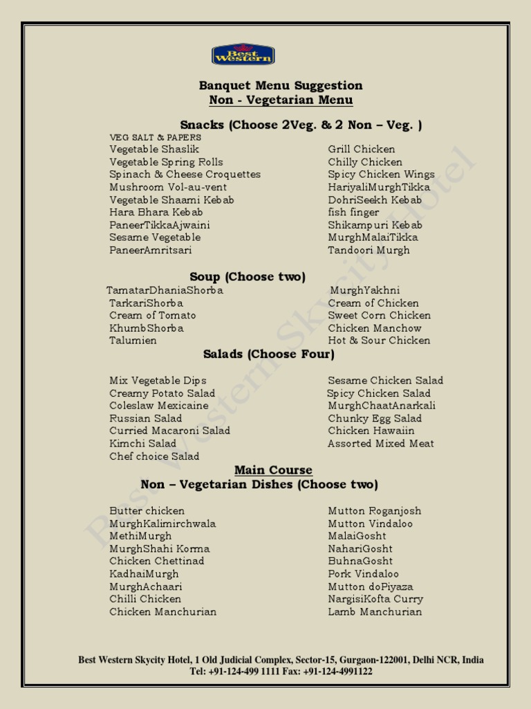 Banquet Menu Suggestion Non - Vegetarian Menu Snacks (Choose 2veg. & 2 ...