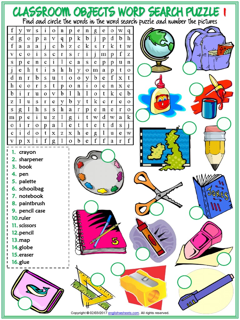 Classroom Objects Vocabulary Esl Word Search Puzzle Worksheet For Kids ...