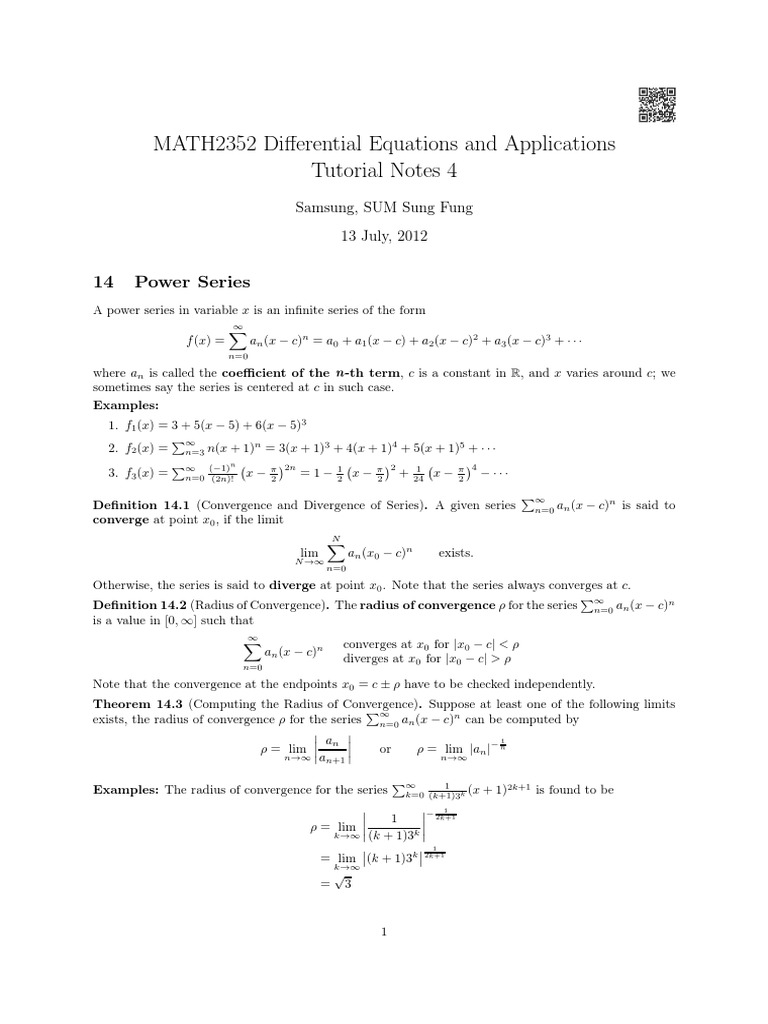MATH2352 Differential Equations and Applications Tutorial Notes 4 | PDF ...