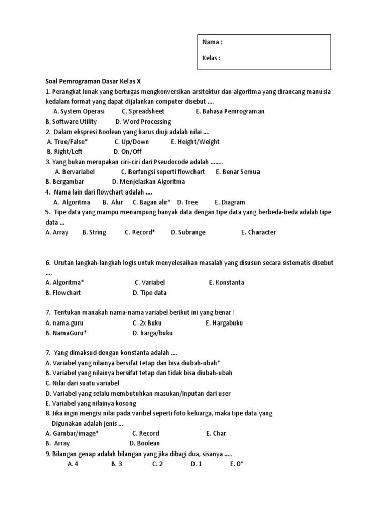 Soal Pemrograman Dasar Kelas X | PDF