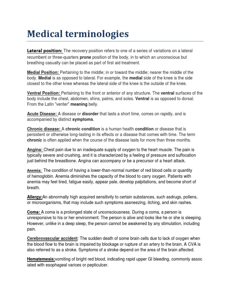 Medical Terminologies | PDF | Anatomical Terms Of Location | Edema