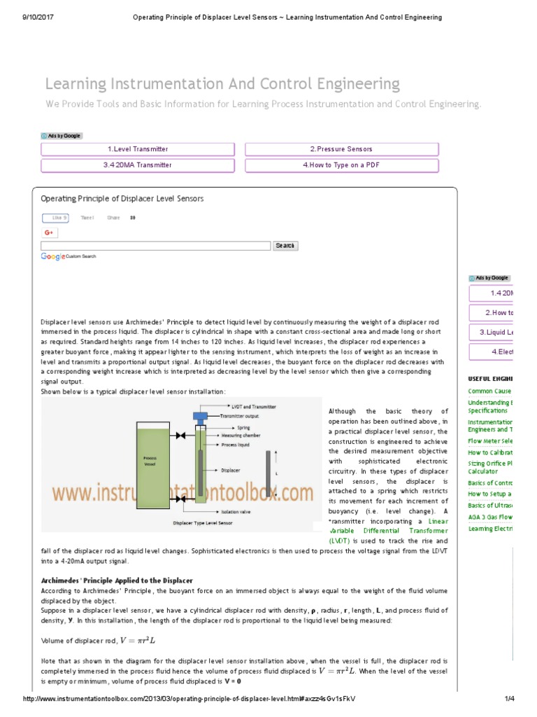 Operating Principle of Displacer Level Sensors - Learning Instrumentation and Control ...