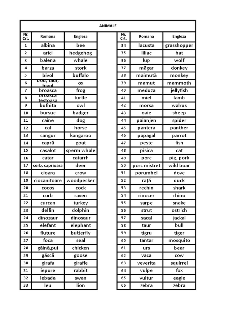 Romanian Animal Names in English | PDF